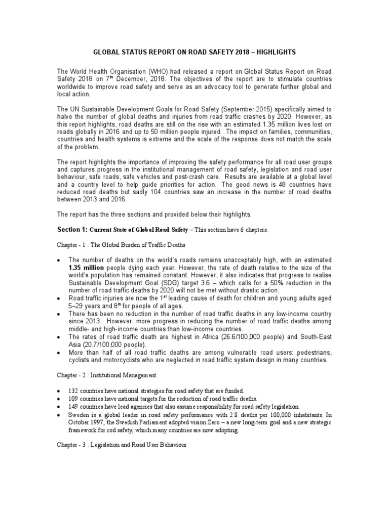 Global Status Report On Road Safety 2018 - Highlights | PDF | Seat Belt ...