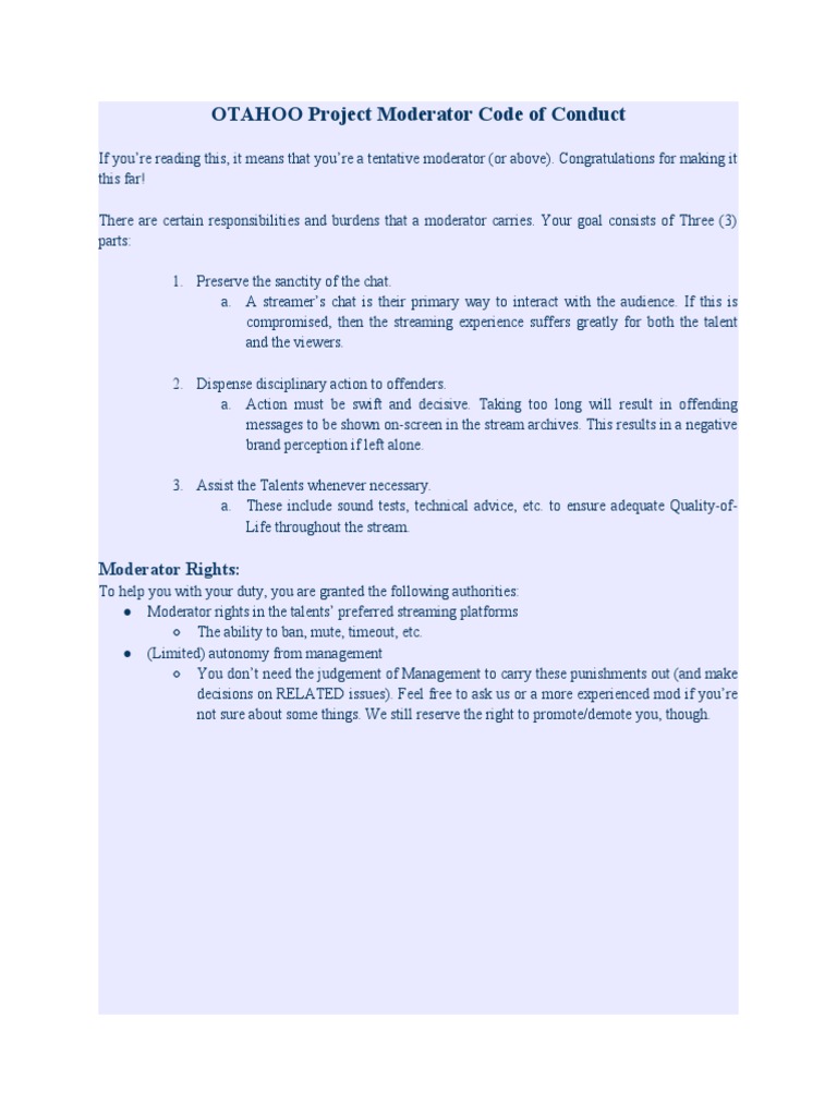 Project Moderator Code of Conduct Summary | PDF | Justice | Crime ...