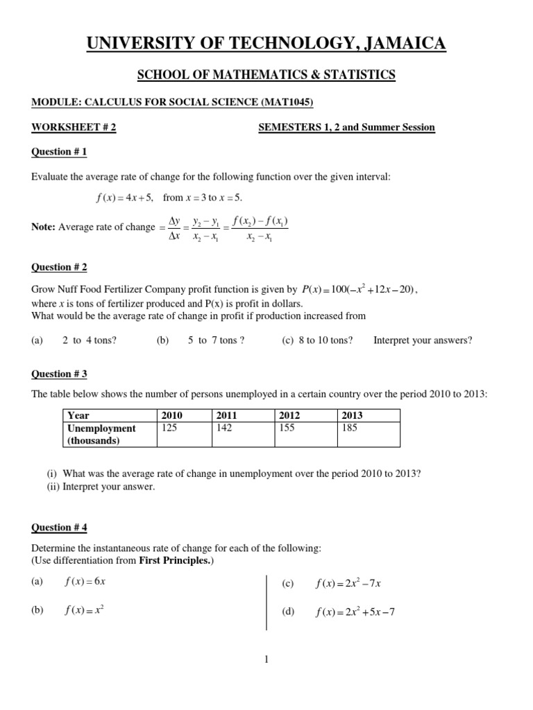Worksheet #2 MAT1045 Revised 2014 | PDF | Derivative | Functions And Mappings