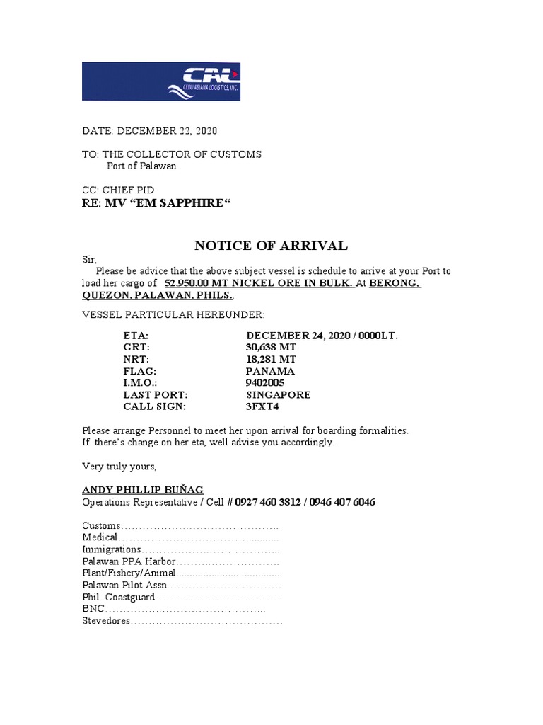 Notice of Arrival: Re: MV "Em Sapphire" | PDF