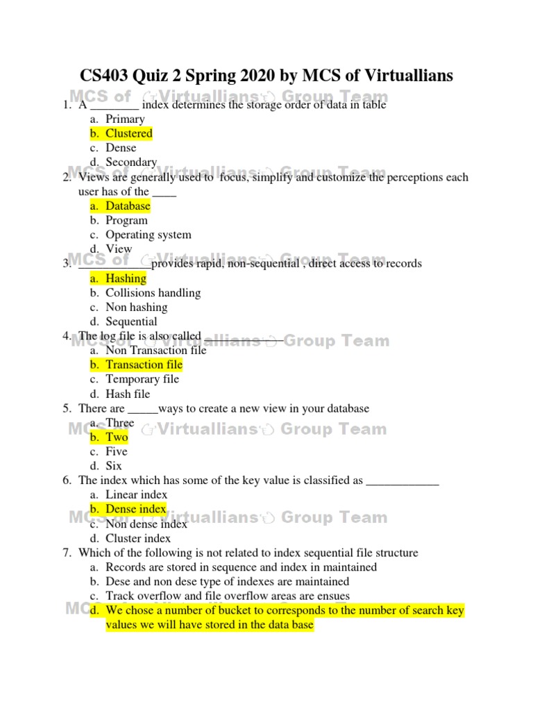 CS403 Quiz 2 Solution by MCS of Virtuallians | PDF | Database Index | Information Retrieval