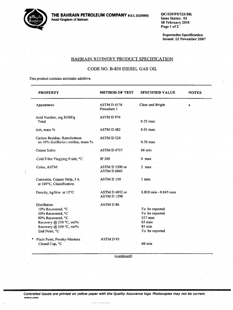 Diesel Data Sheet B850 18 02 2010 | PDF