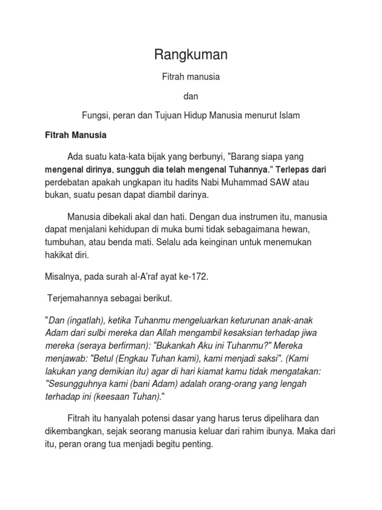 Fitrah dan Tujuan Hidup Manusia Islam | PDF
