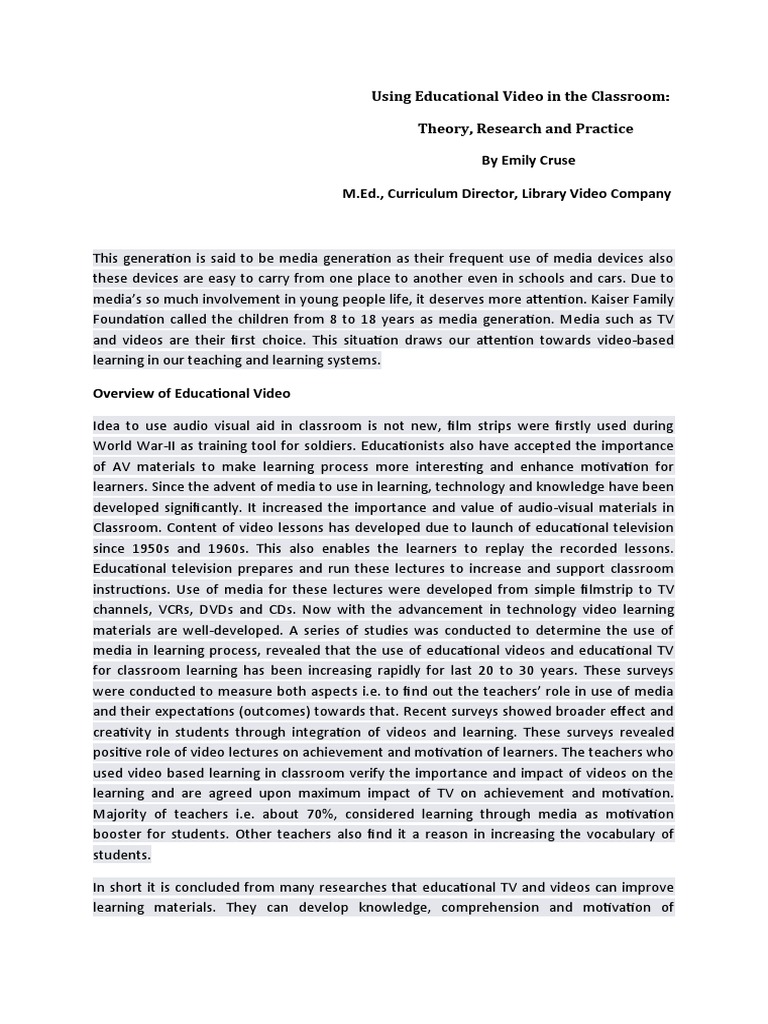 Using Educational Video in The Classroom (Summary) | PDF | Literacy ...