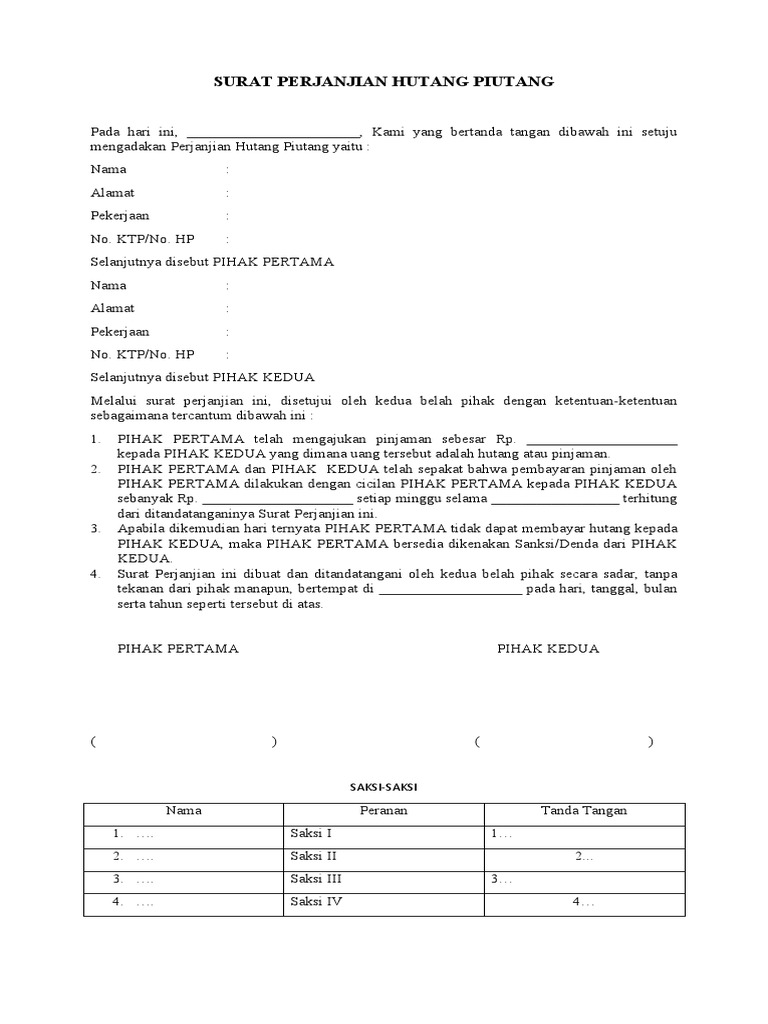 Contoh Surat Perjanjian Hutang Piutang | PDF