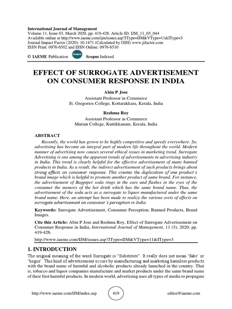 Effect of Surrogate Advertisement On Consumer Response in India | PDF ...