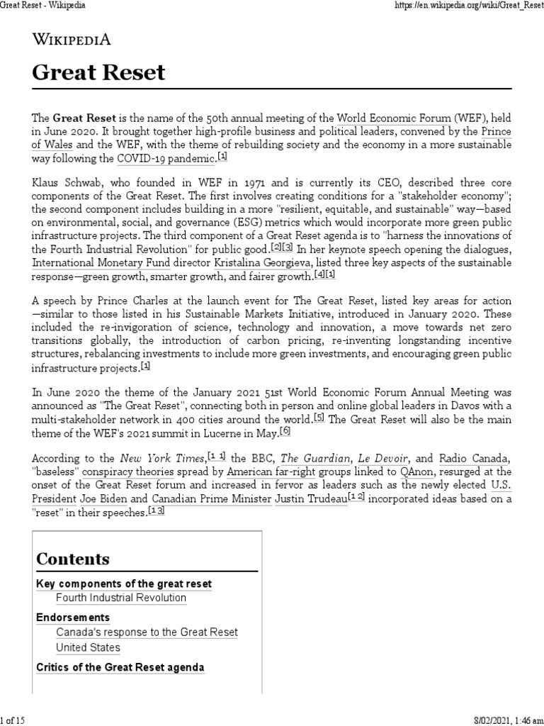 Great Reset WEF 2021 Wikipedia | PDF | World Economic Forum | Economies