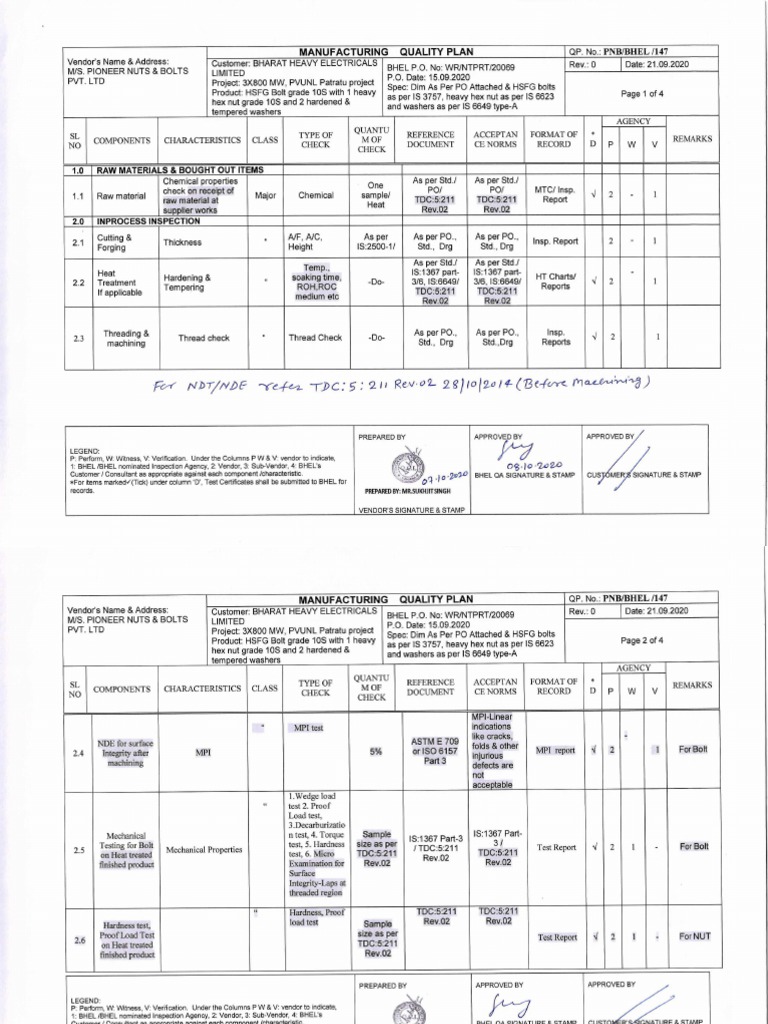 Manufacturing Quality Plan | PDF | Screw | Specification (Technical ...