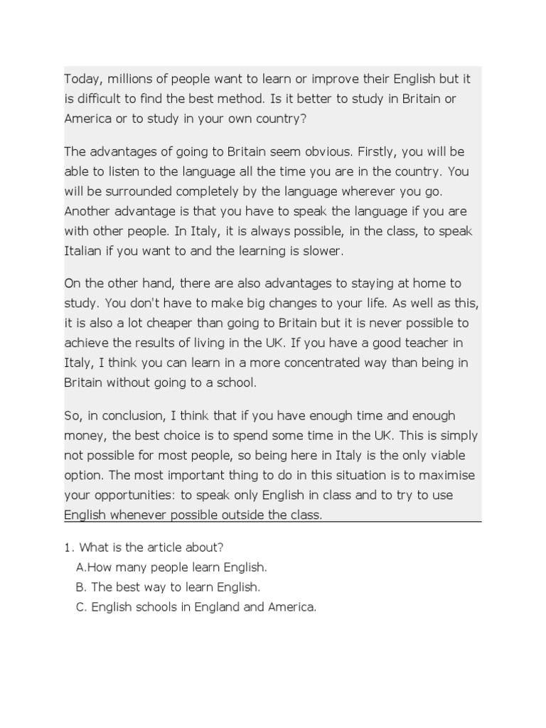 What Is The Article About? A.How Many People Learn English. B. The Best ...