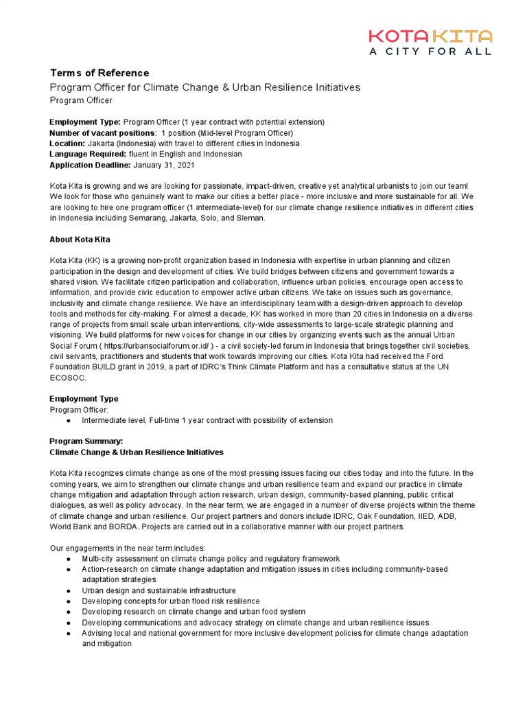ToR - Program Officer - Climate Change & Urban Resilience Initiative ...