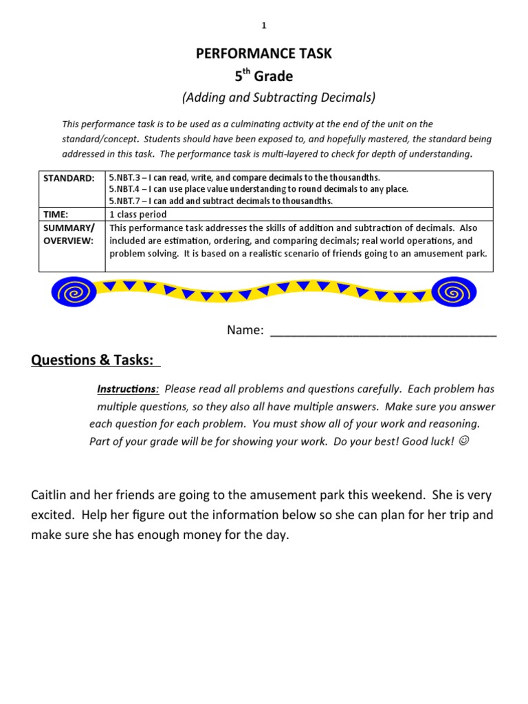 Performance Task 5 Grade: (Adding and Subtracting Decimals) | PDF ...
