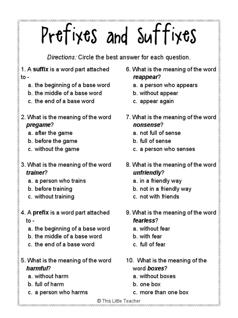 Prefixes and Suffixes: Directions: Circle The Best Answer For Each ...