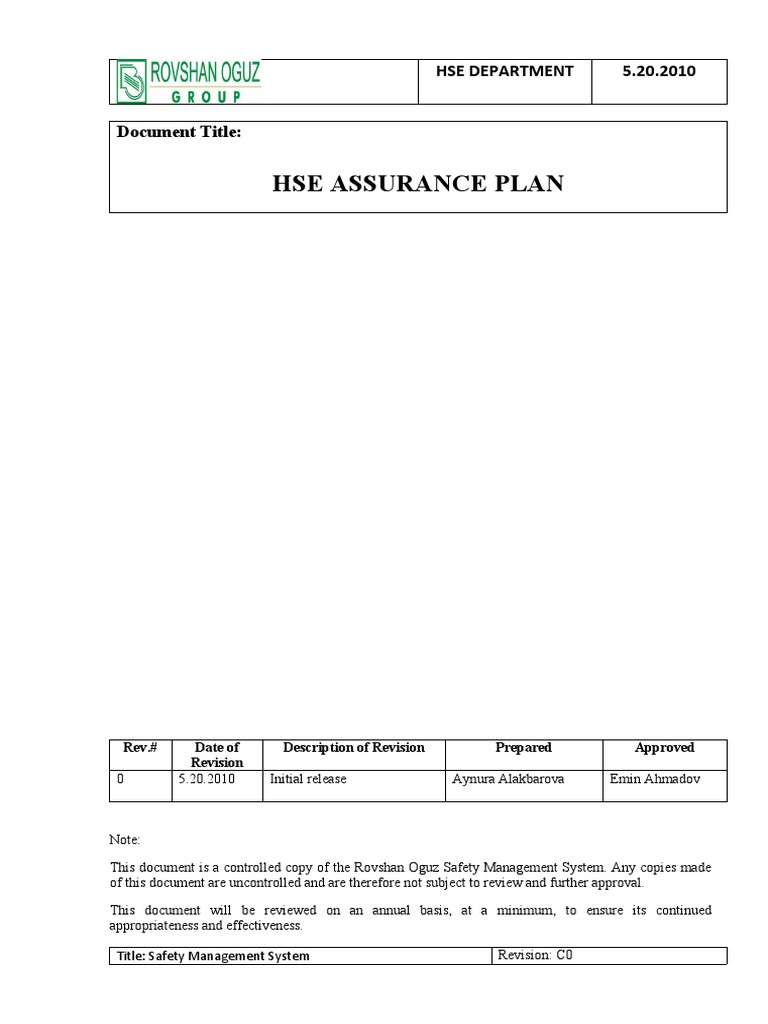 HSE Assurance Plan | PDF | Occupational Safety And Health | Risk Assessment