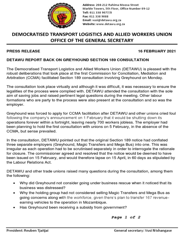 Greyhound Consultation Report-Back - DeTAWU Press Release | PDF ...