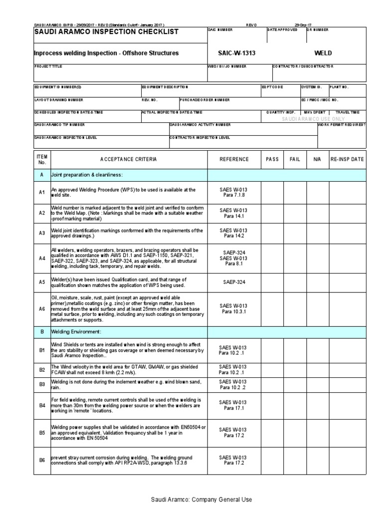 Saudi Aramco Inspection Checklist: Inprocess Welding Inspection ...