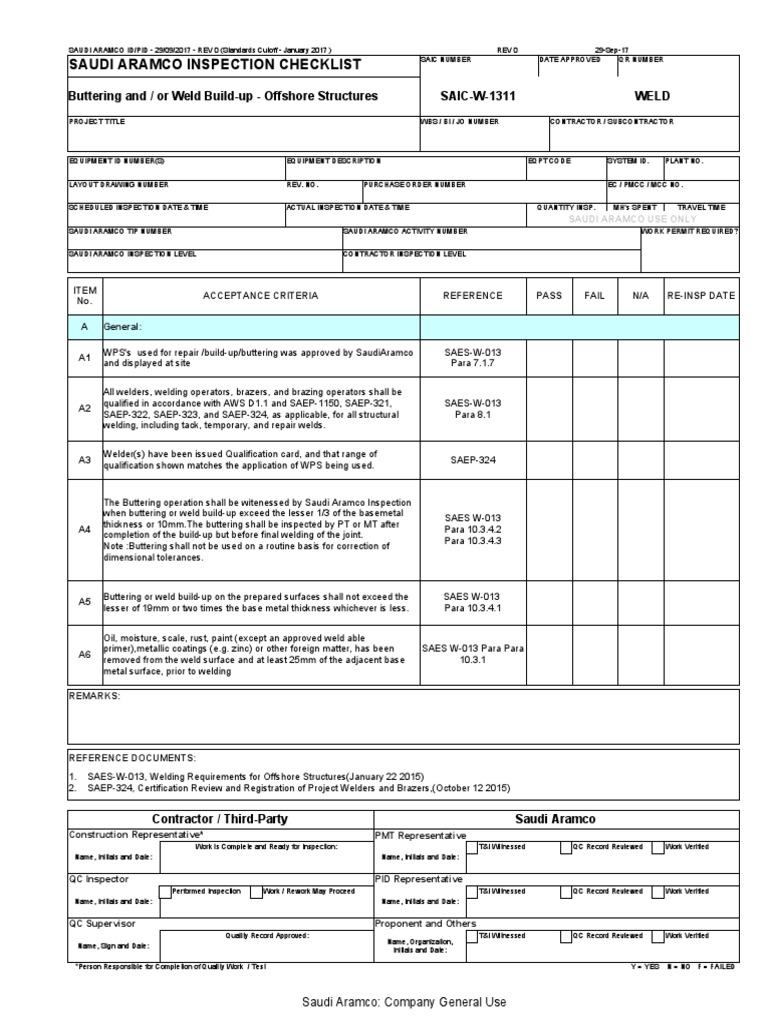 Saudi Aramco Inspection Checklist: Buttering and / or Weld Build-Up ...