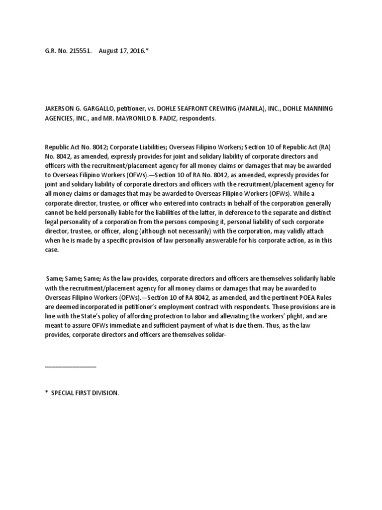 Gargallo vs. Dohle Seafront Crewing (Manila), Inc., 801 SCRA 135, G.R ...