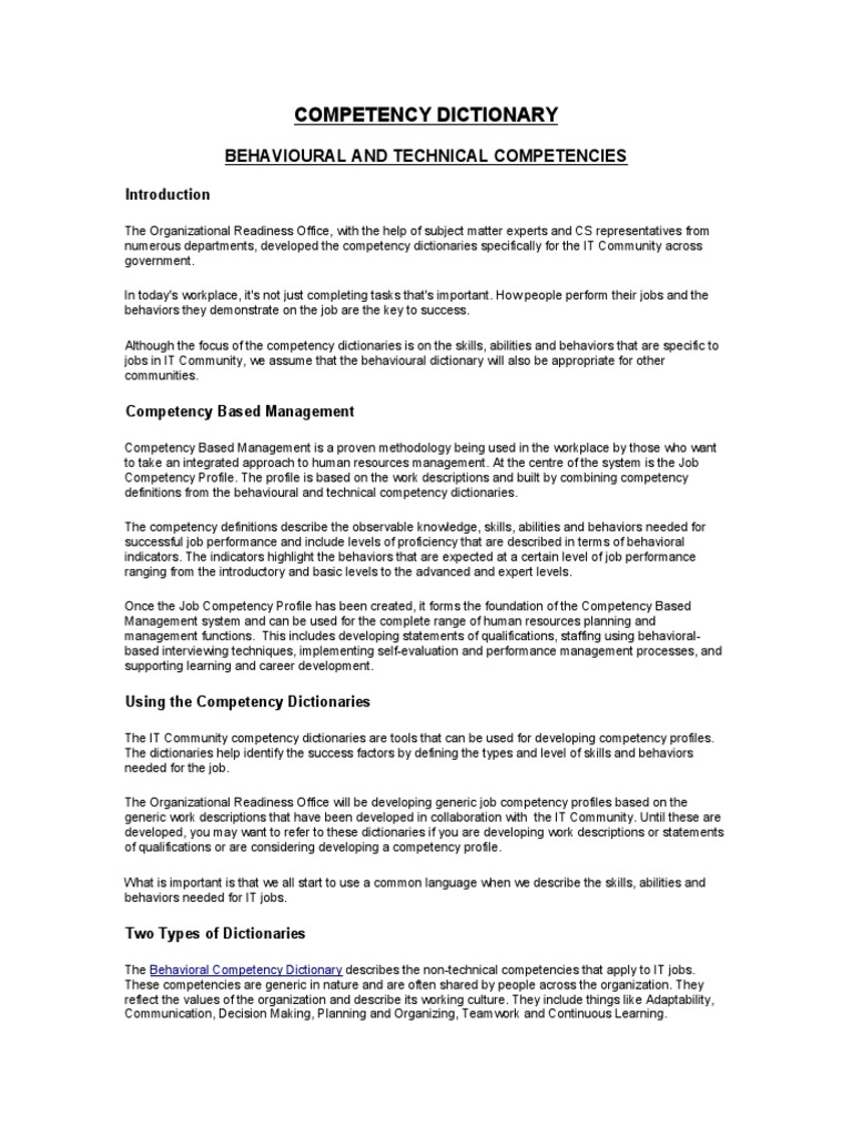 Competency Dictionary: Behavioural and Technical Competencies | PDF | Competence (Human ...