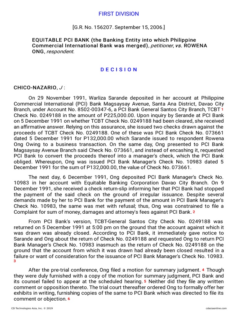 PCI Bank vs. Ong: Summary Judgment Case | PDF | Cheque | Summary Judgment