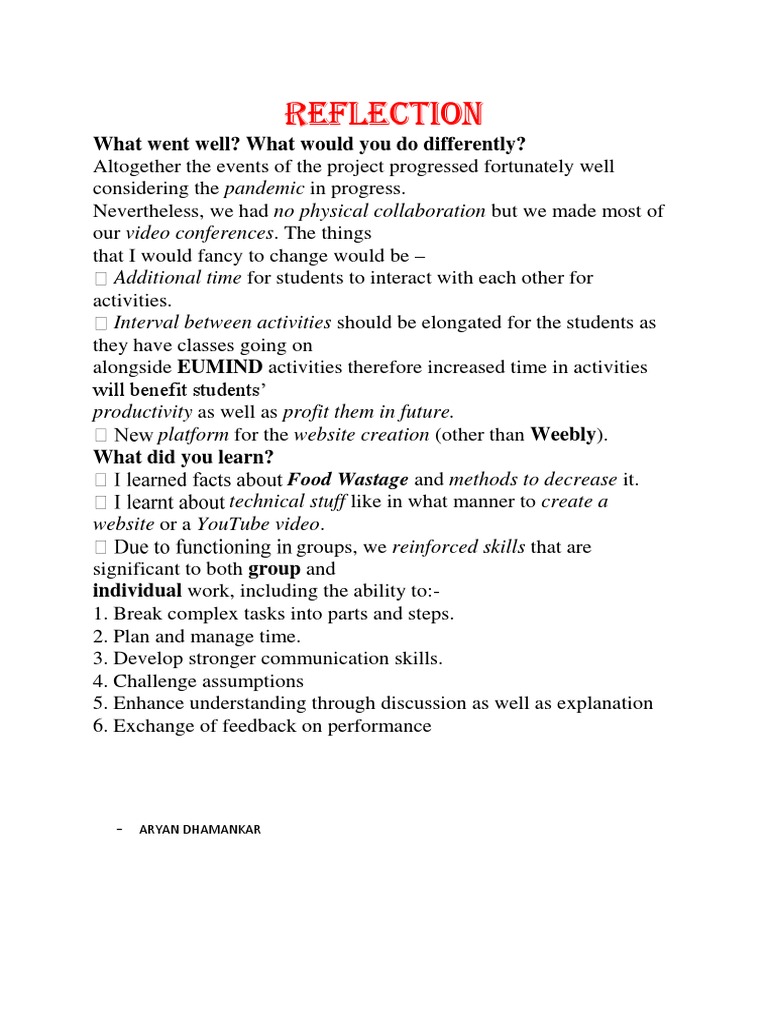 Reflection: What Went Well? What Would You Do Differently? | PDF ...