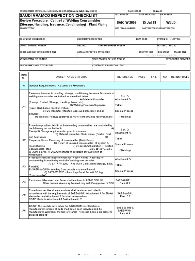 Saudi Aramco Inspection Checklist | PDF | Welding | Construction