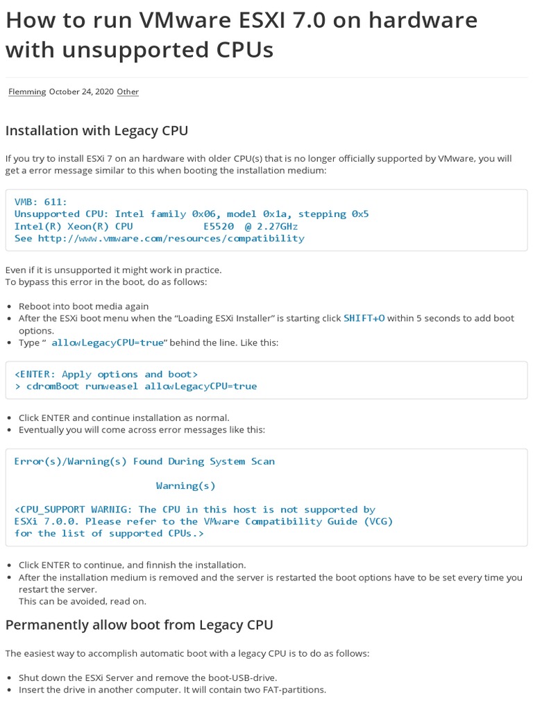 How To Run VMware ESXI 7.0 On Hardware With Unsupported CPUs - Flemming ...
