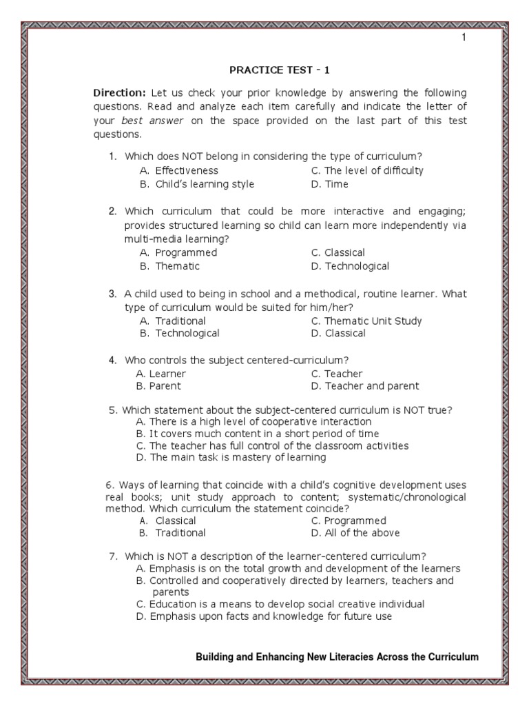 Practice Test - 1 Direction: Let Us Check Your Prior Knowledge by ...