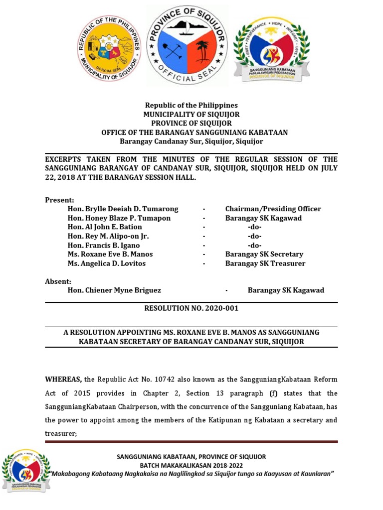 RESOLUTION 1 and 2 For Appointment of Secretary and Treasurer | PDF ...