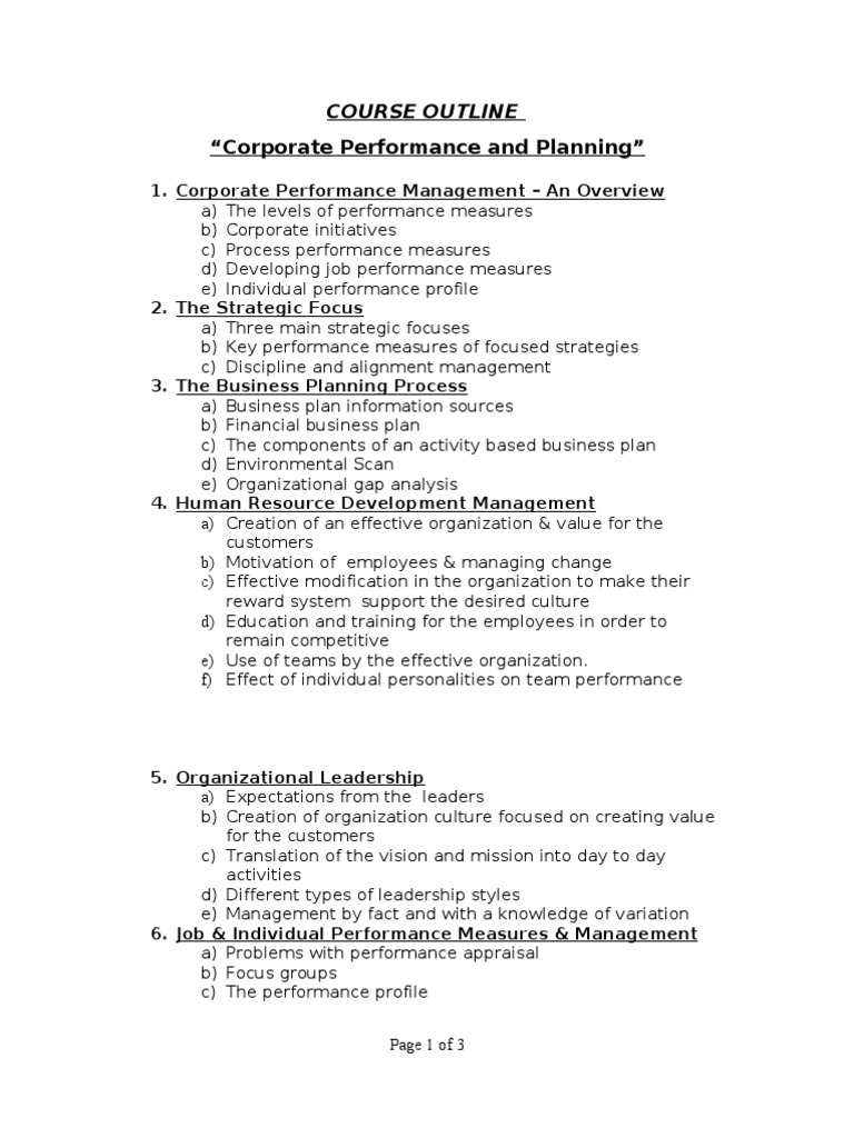 Course Outline - Corporate Performance and Planning | PDF | Performance ...