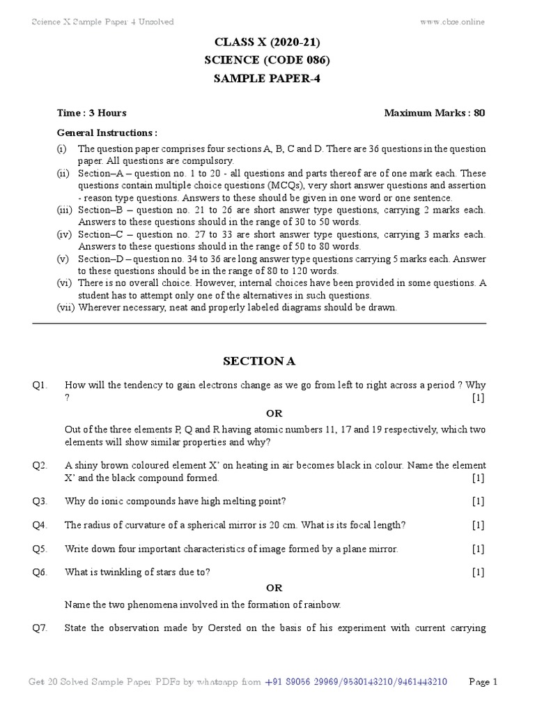 CLASS X (2020-21) Science (Code 086) Sample Paper-4: Time: 3 Hours ...