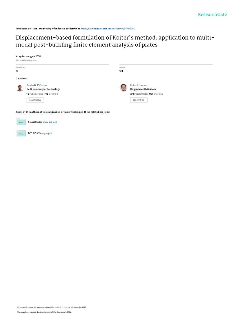 Displacement-Based Formulation of Koiter's Method: Application To Multi-Modal Post-Buckling ...