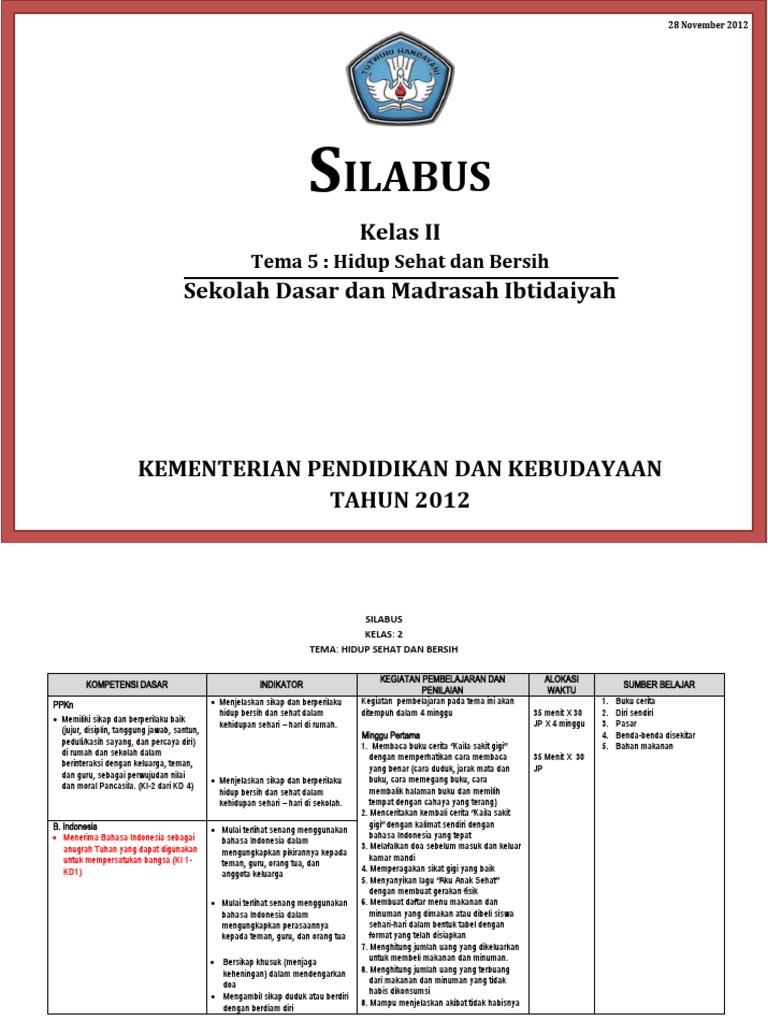 Silabus Hidup Sehat Dan Bersih Kls II | PDF