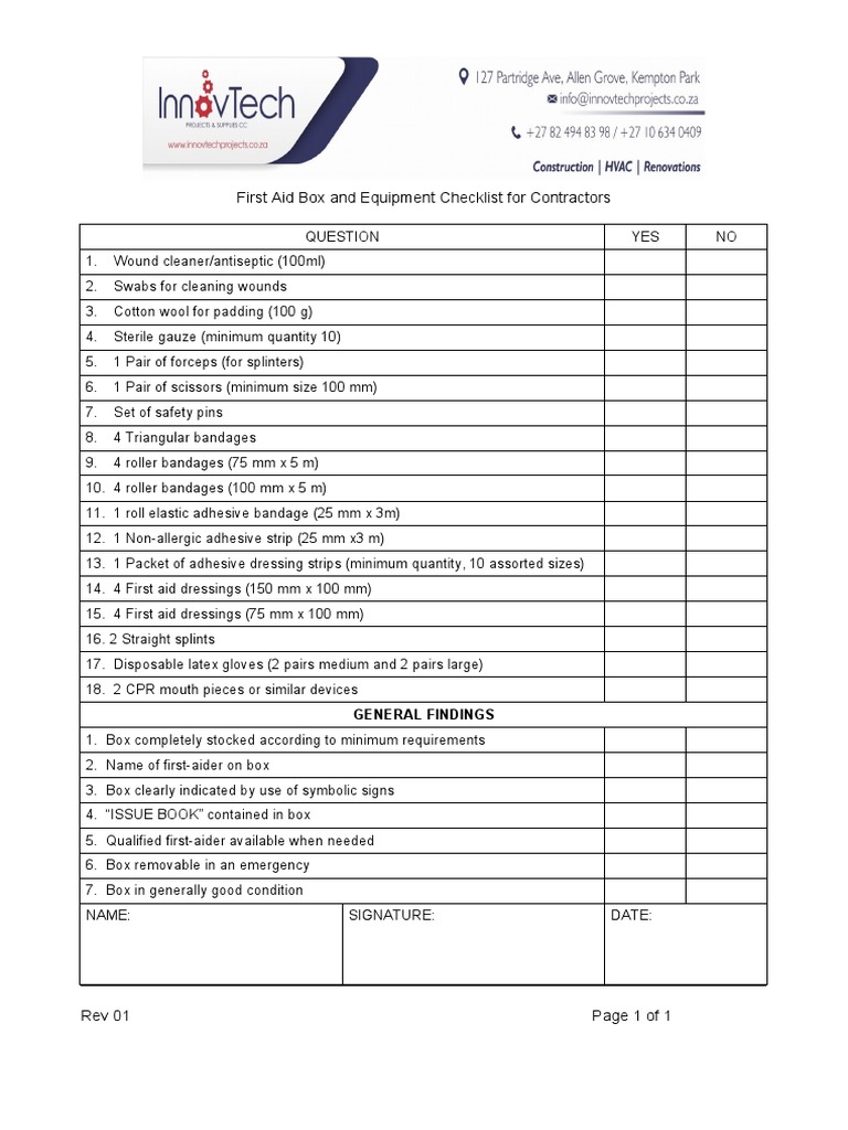 First Aid Box and Equipment Checklist For Contractors | PDF