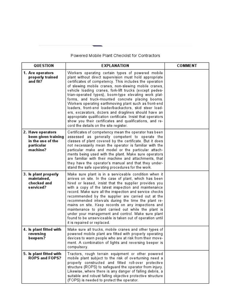 Powered Mobile Plant Safety Checklist | PDF | Vehicles | Transport