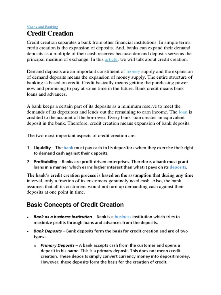 Understanding the Process of Credit Creation by Commercial Banks | PDF ...