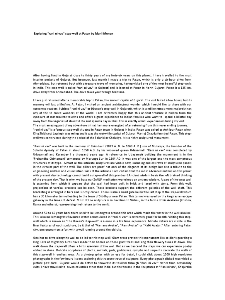 Exploring "Rani Ni Vav" Step-Well at Patan by Murli Menon | PDF