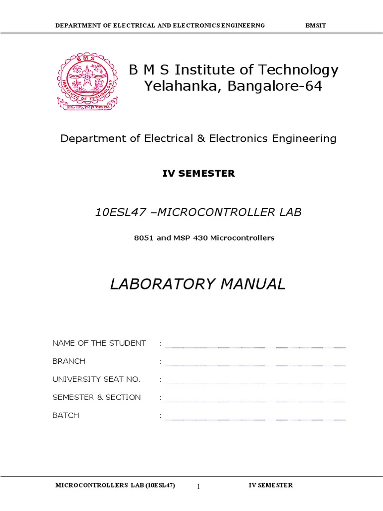 B M S Institute of Technology Yelahanka, Bangalore-64: Laboratory ...