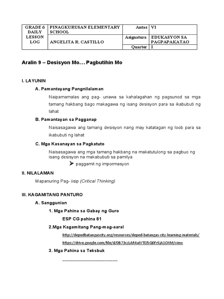 Esp 6 Quarter 1 Aralin 9 | PDF