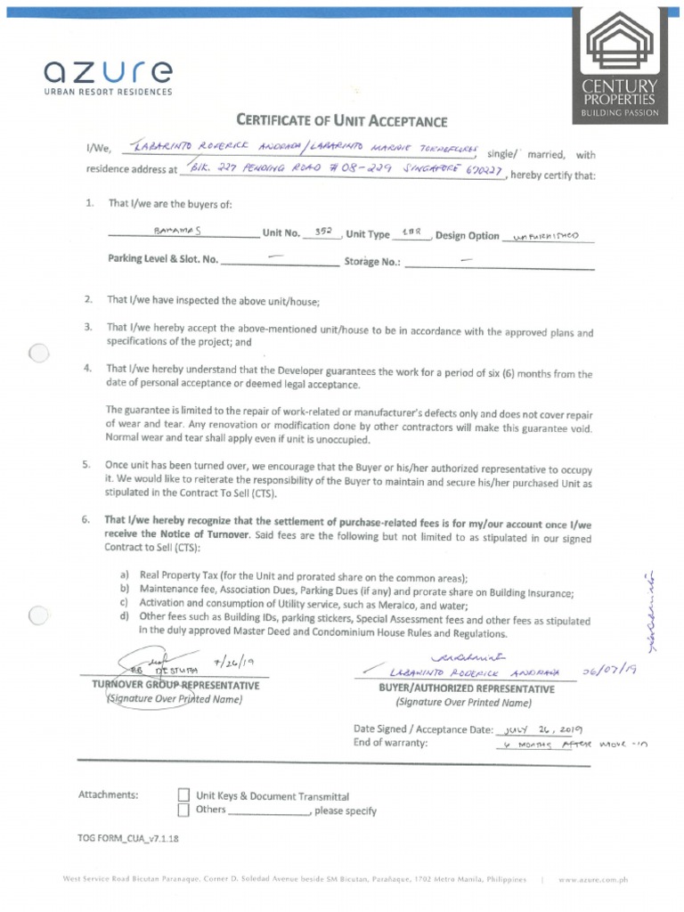 Certificate of Unit Acceptance - Bah0352 | PDF