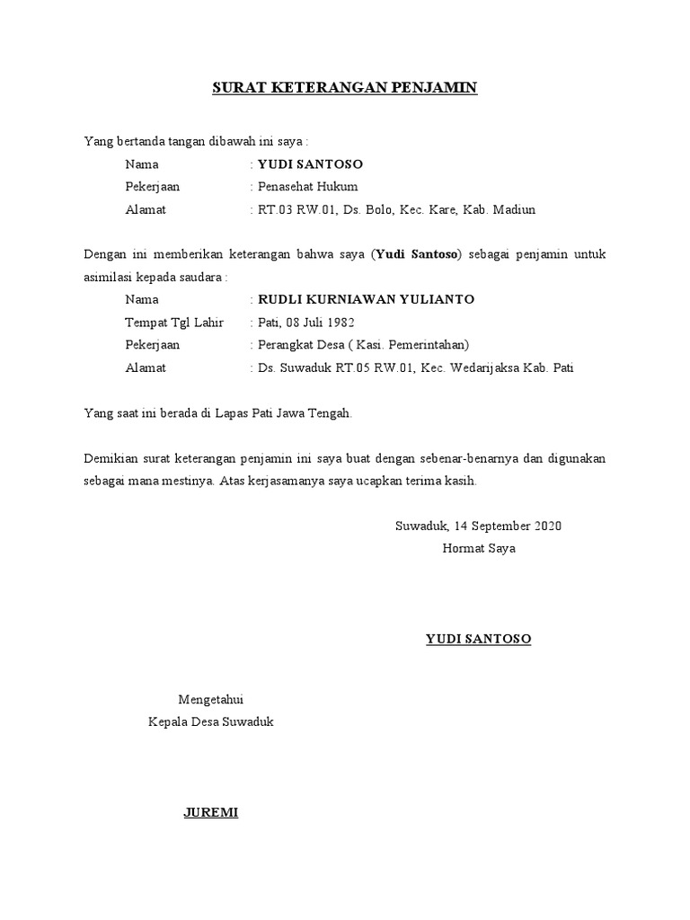 Surat Keterangan Penjamin | PDF