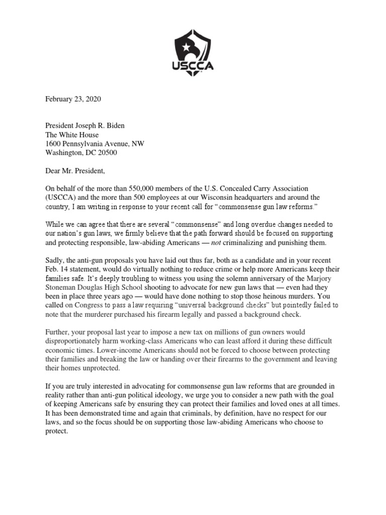 2.21 USCCA Letter To WH-executed | PDF | Concealed Carry In The United ...