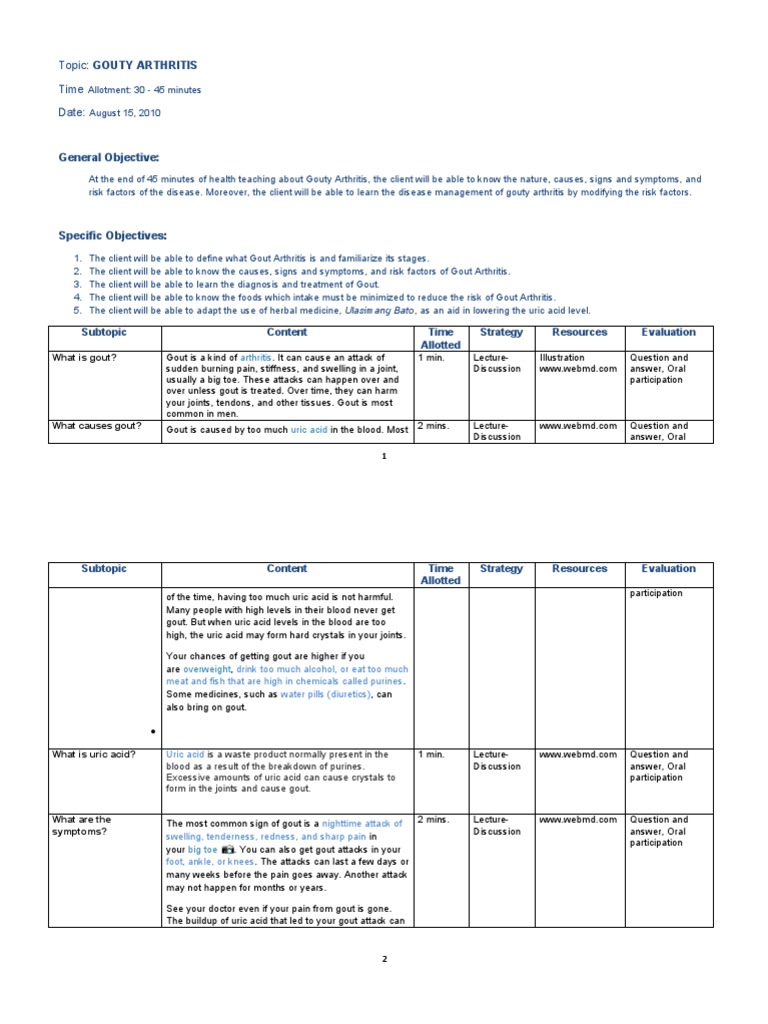 Gouty Arthritis Health Teaching | PDF | Gout | Arthritis