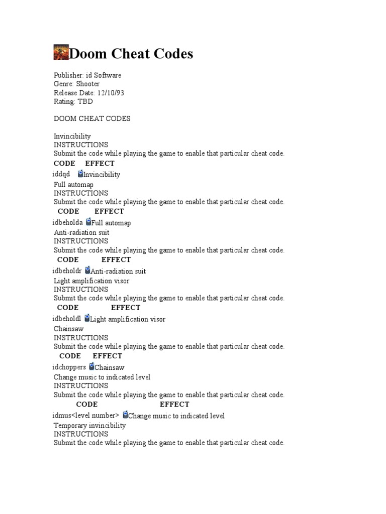 Doom Cheat Codes | PDF | Cheating In Video Games | Game Design