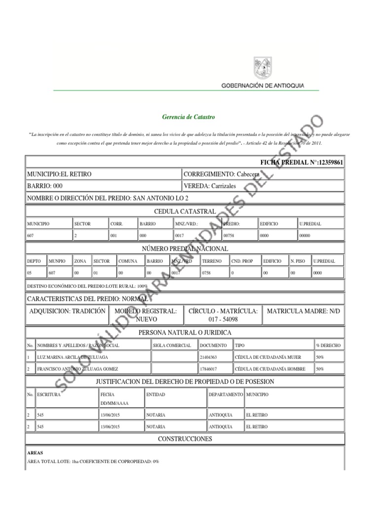 Certificado Ficha Predial 12359861 | PDF