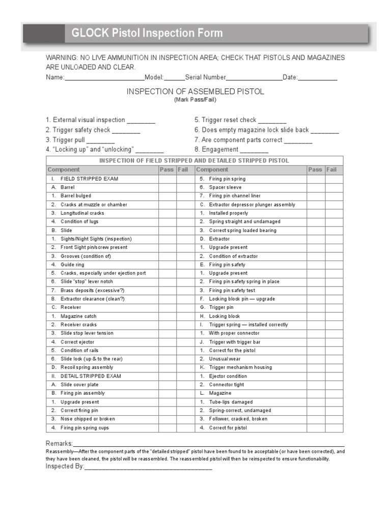Glock Pistol Inspection Checklist | PDF | Military Technology | Firearms