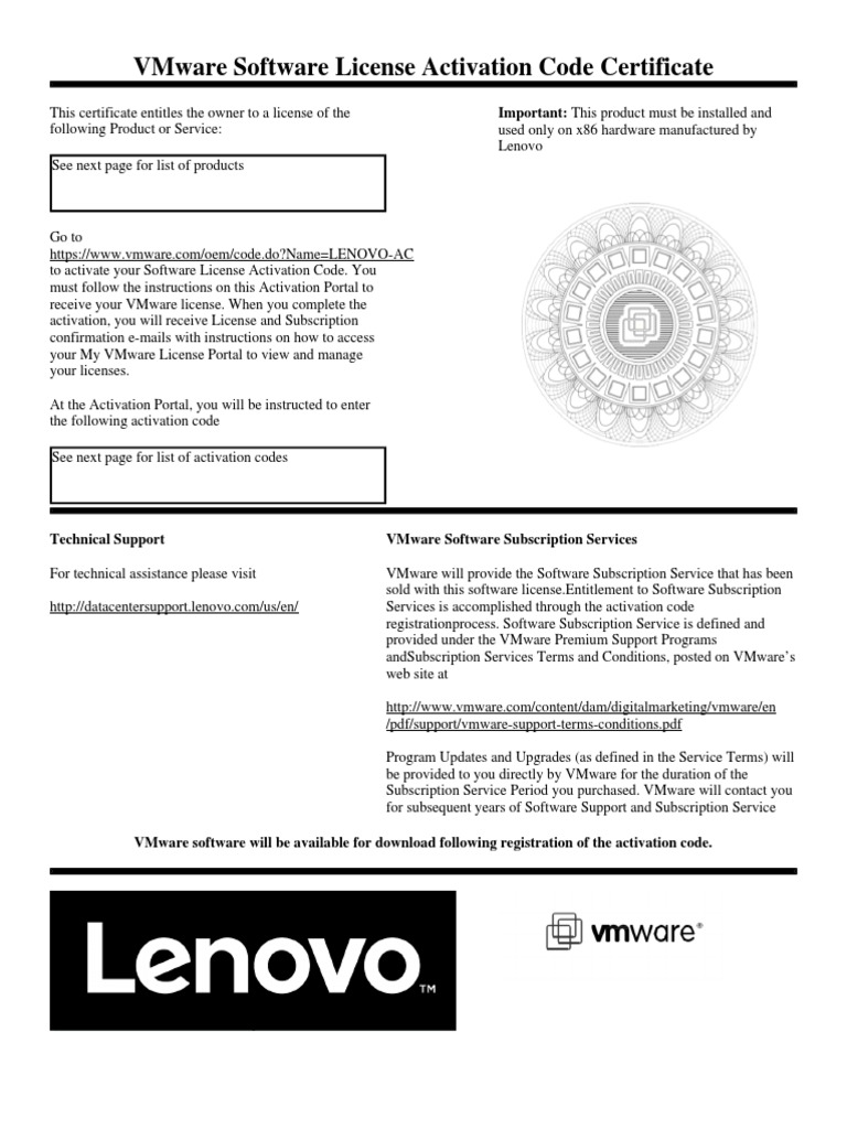 Vmware Software License Activation Code Certificate: Important: This ...