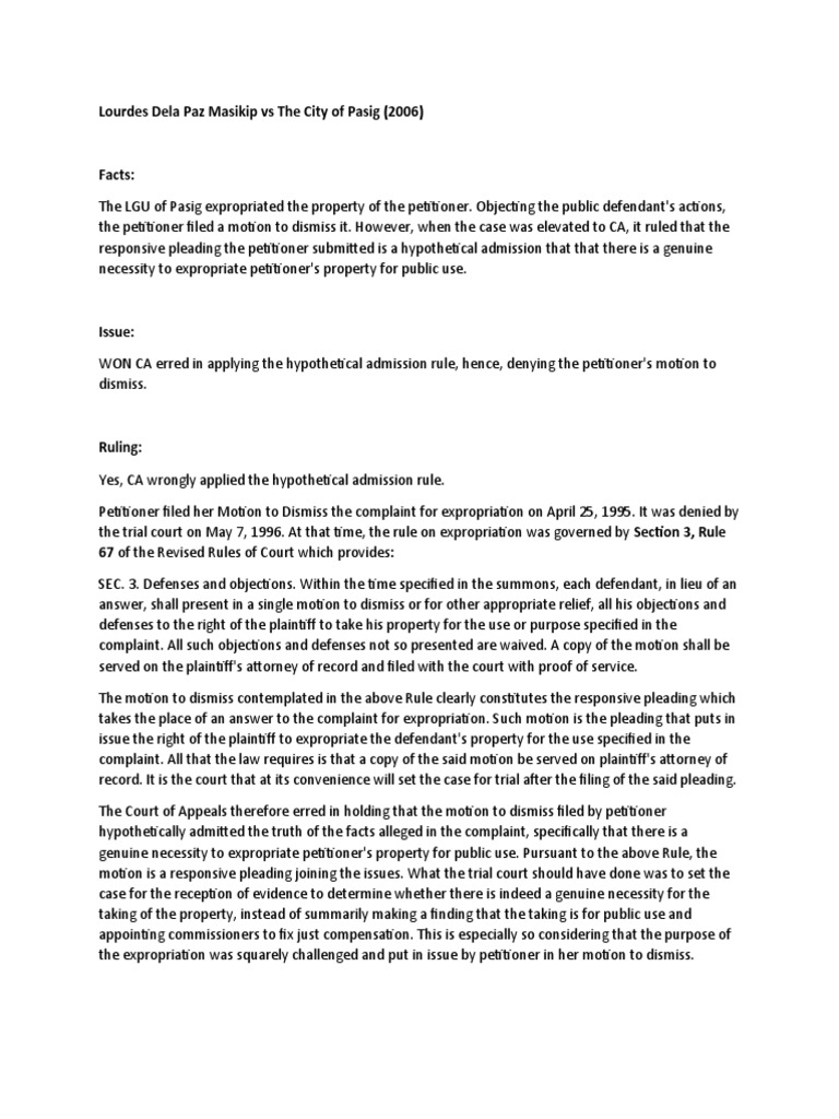 Expropriation Case: Masikip vs Pasig | PDF | Pleading | Complaint