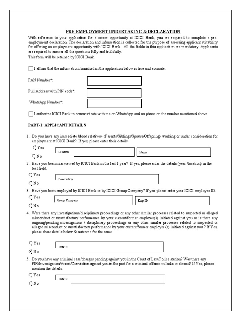 Pre-Employment Undertaking & Declaration: Part-1: Applicant Details ...