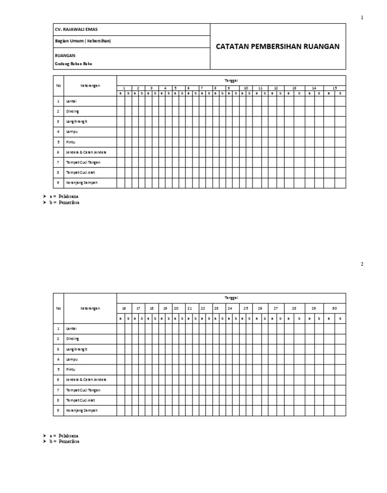 Catatan Kebersihan Gudang Bahan | PDF