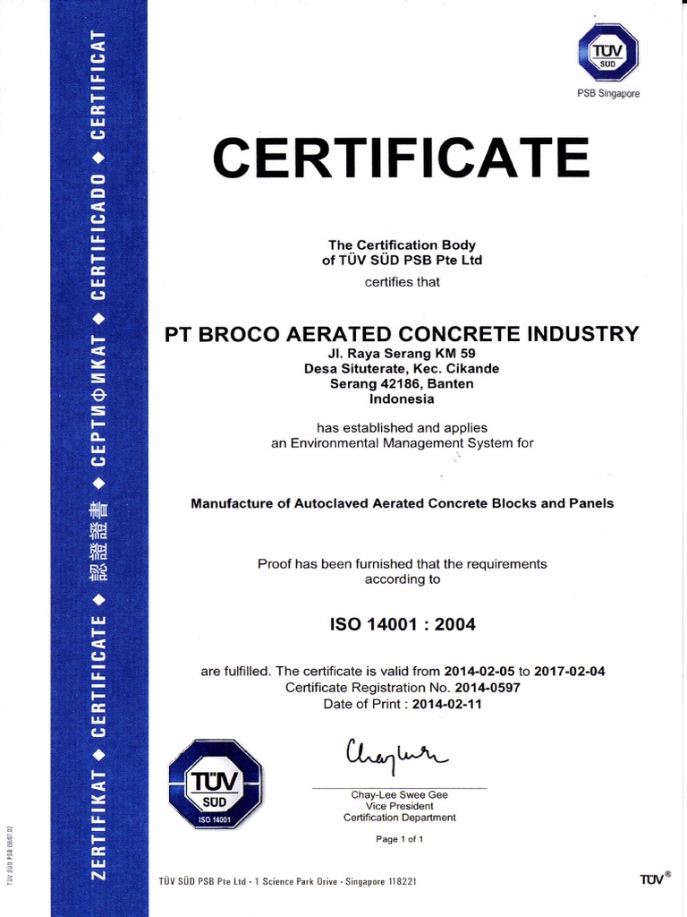 ISO 14001:2004 Certification for PT Broco | PDF